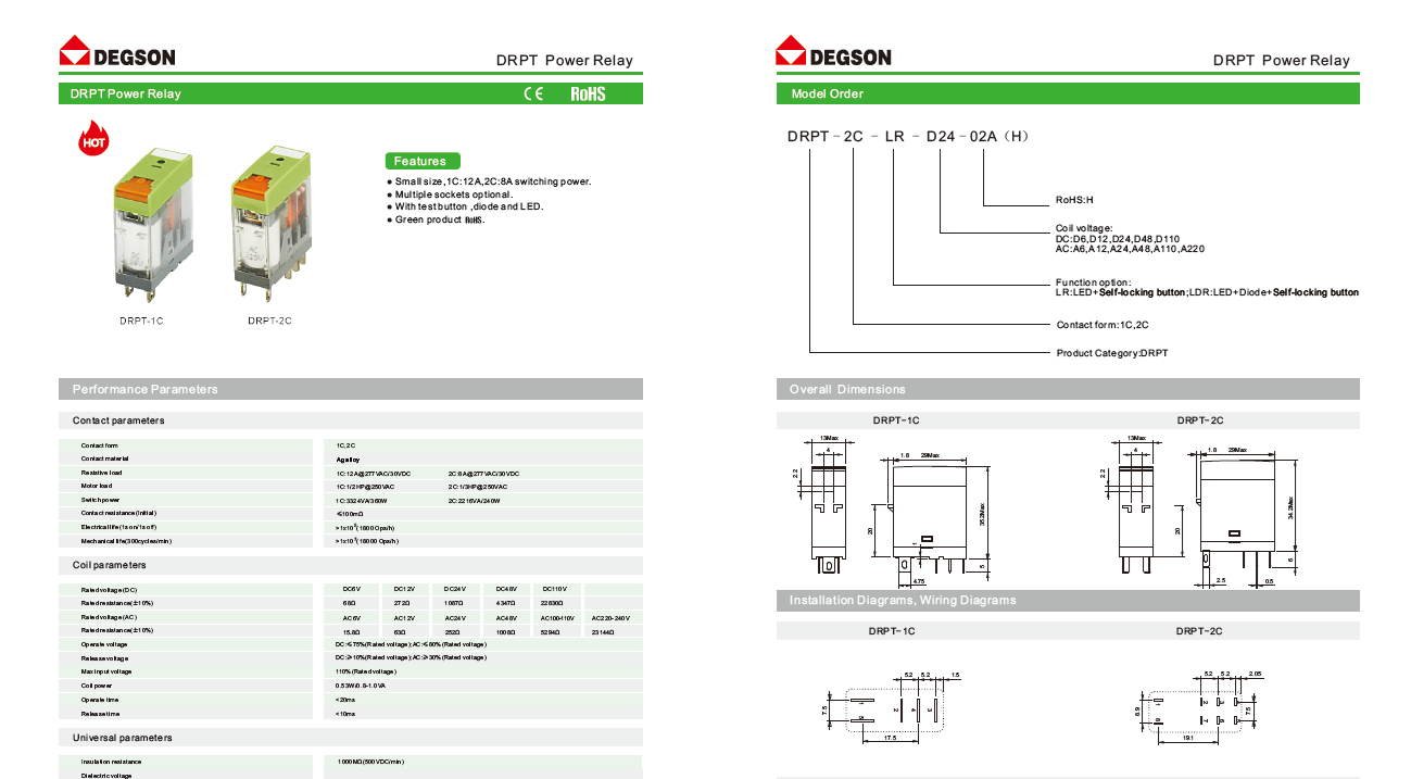 Rơle trung gian loại DRPT-1C-LR-A220-02A(H)), 1 cực , 5 chân , 220VAC/12A