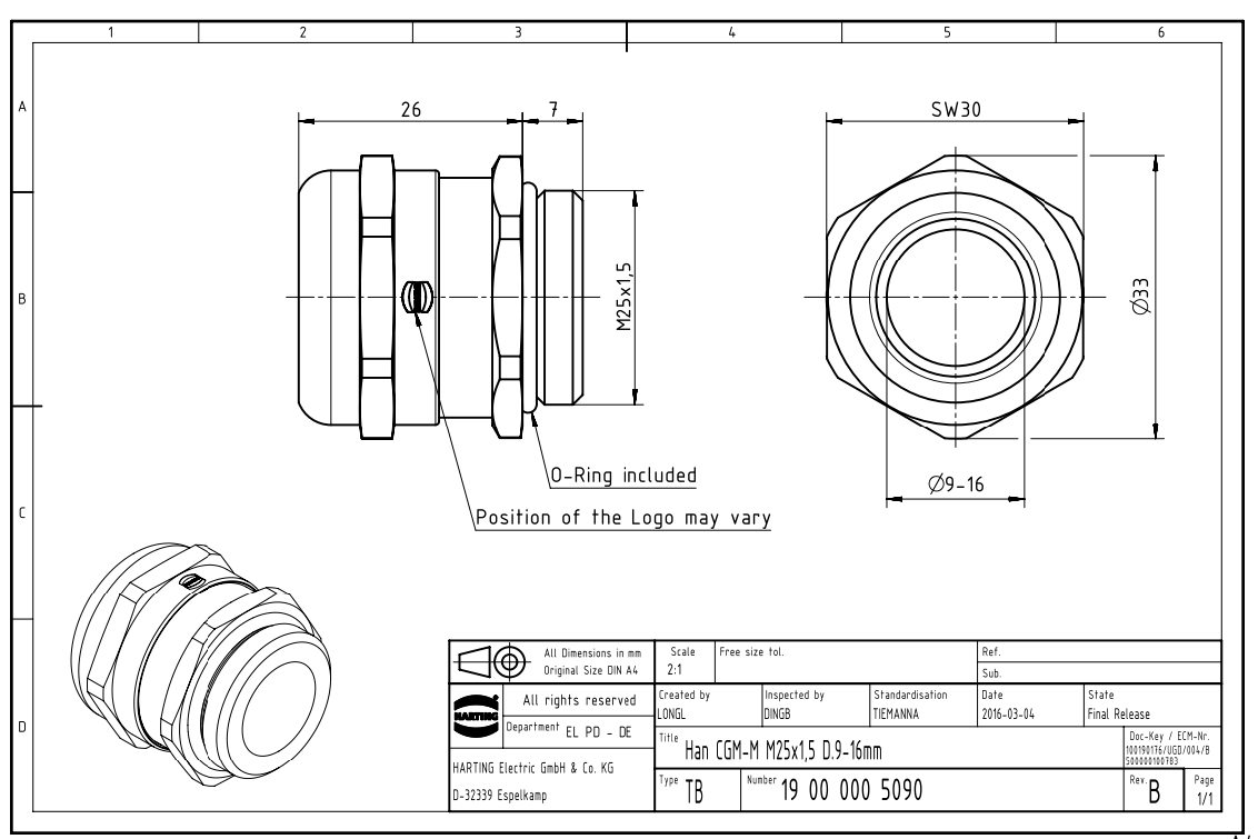 Ốc siết cáp Han CGM-M M25x1,5 D.9-16mm ,ốc siết cáp cố định,PG M25 ...